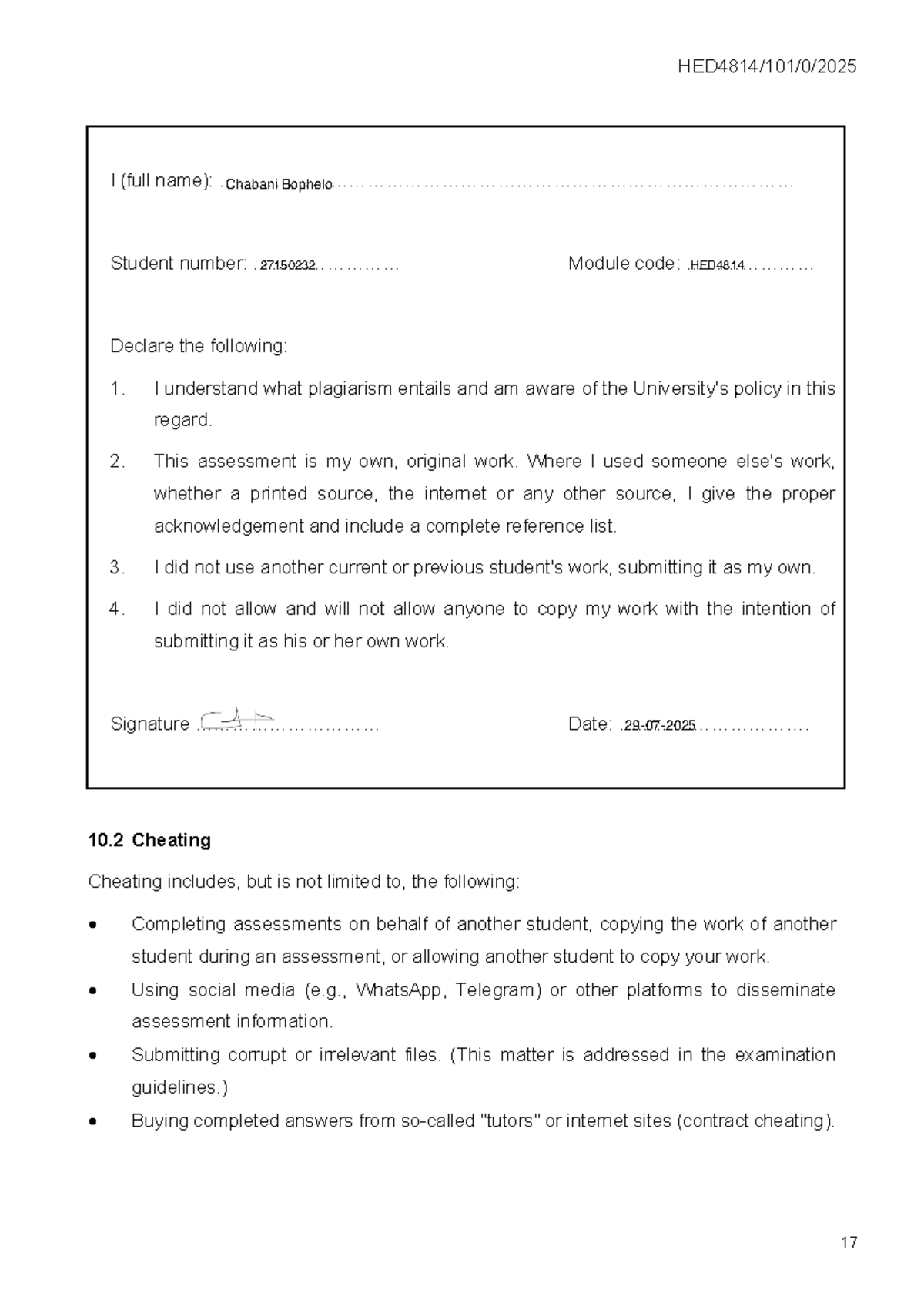 HED4814 Tutorial Letter: Understanding Plagiarism & Cheating Policies ...