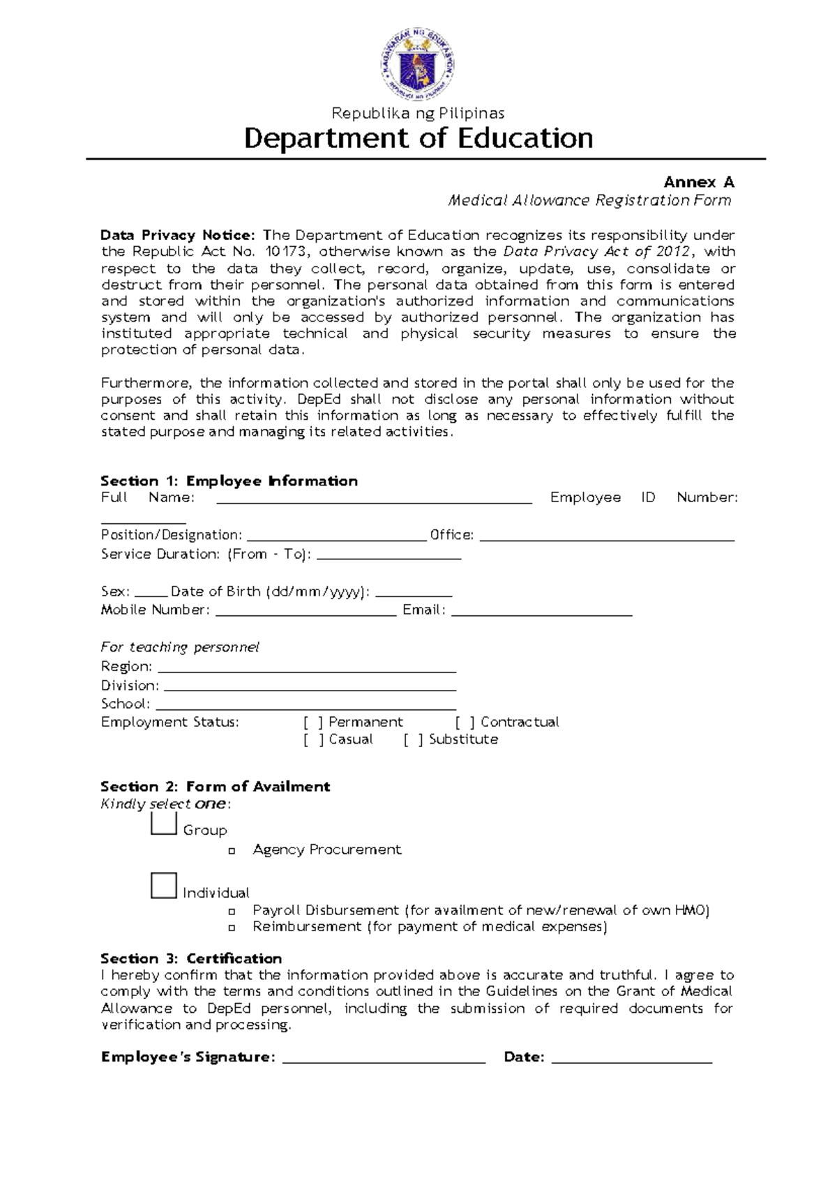 DepEd Medical Allowance Registration Form Data Privacy Notice - Studocu