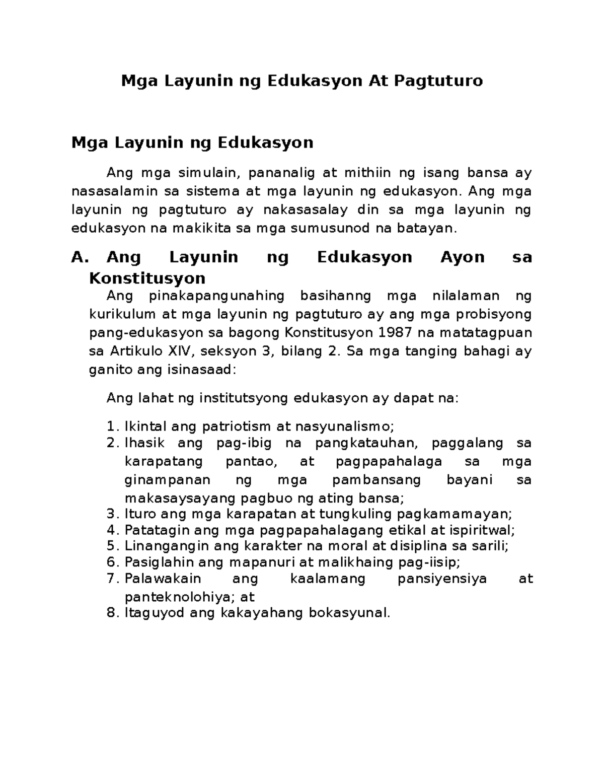 MGA LAYUNIN NG EDUKASYON AT PAGTUTURO: ISANG MALAWAK NA PAGSUSURI - Studocu