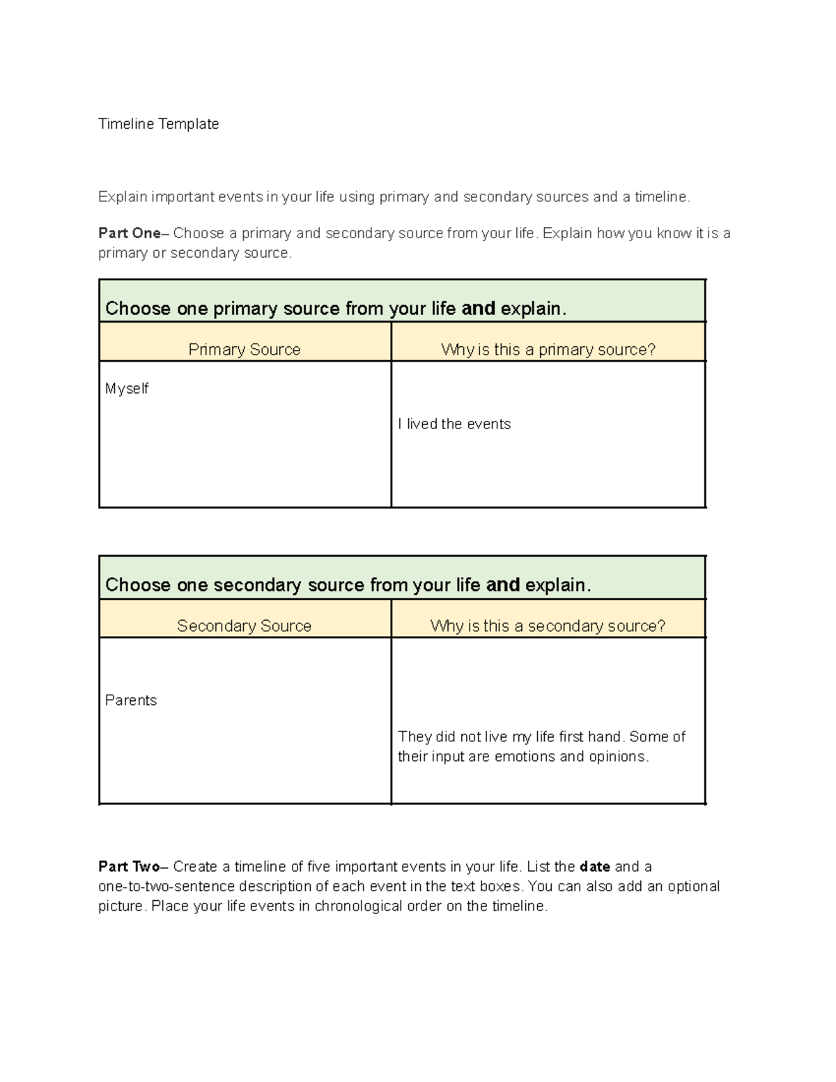 1.2 Social Studies - Life Timeline Project with Primary & Secondary ...