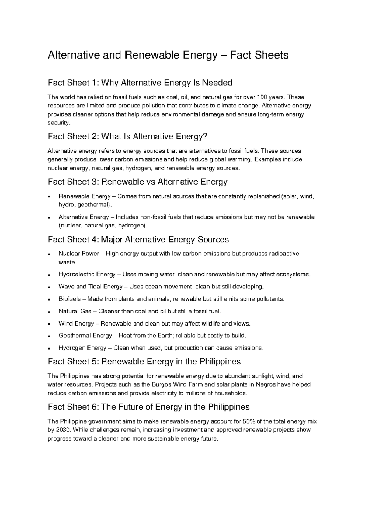 Group 5 Fact Sheets: Alternative & Renewable Energy Overview - Studocu