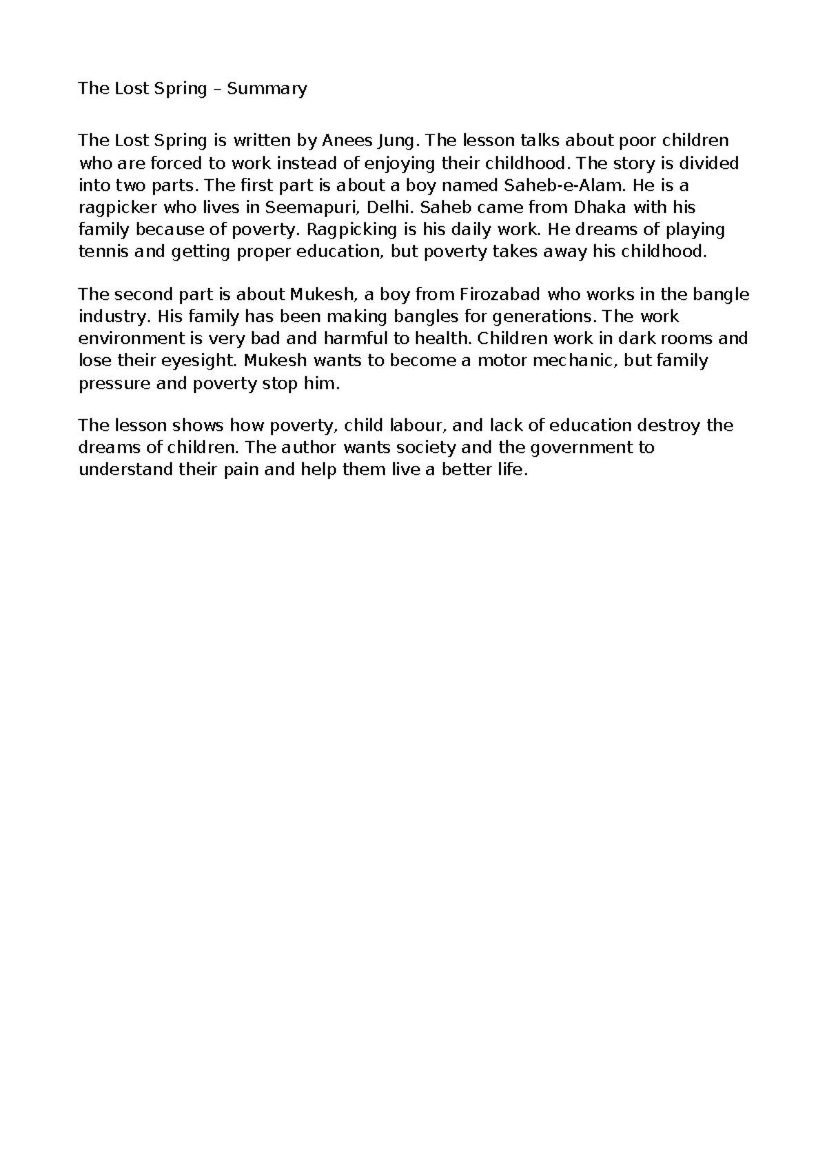 The Lost Spring (Summary) - Child Labor & Dreams Unfulfilled - Studocu