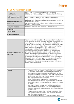 Unit 5 data modeling assignment 1 spec - BTEC Assignment Brief Qualification Pearson BTEC Level ...