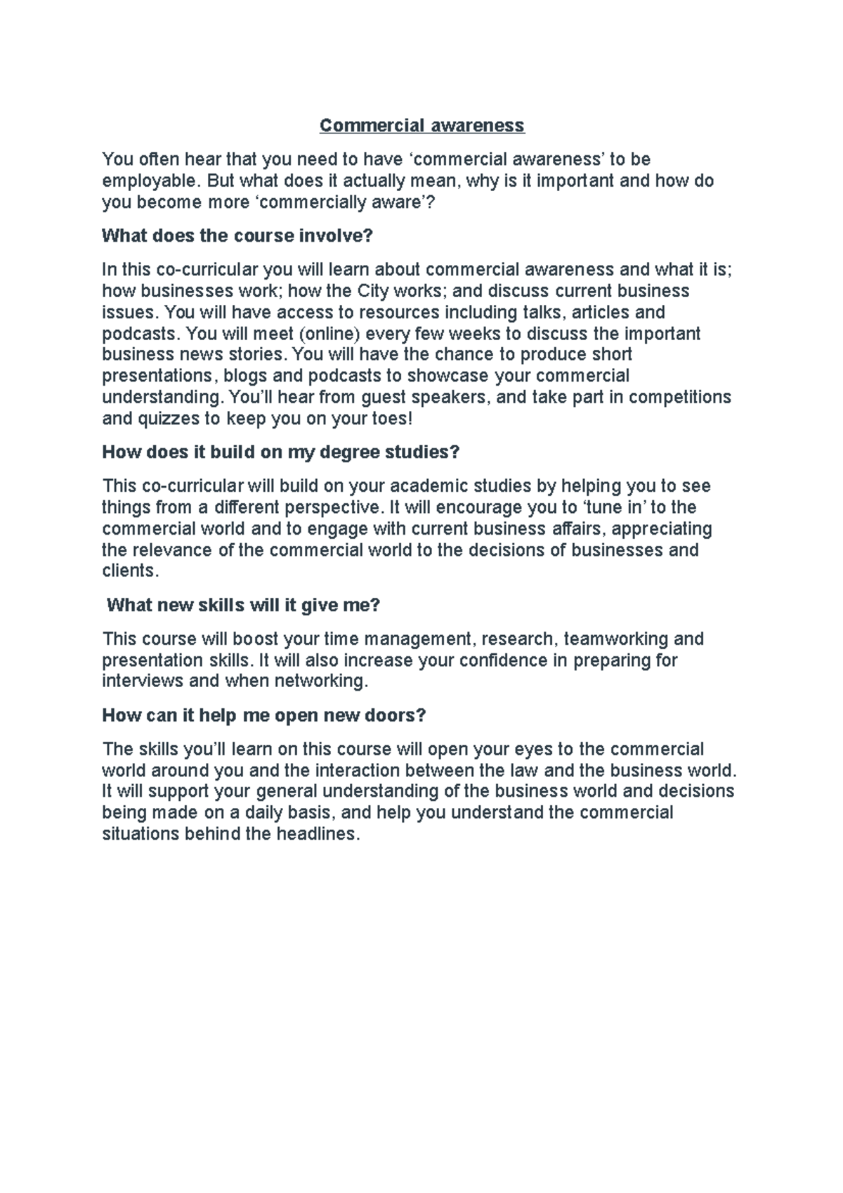 Commercial Awareness Co-curricular on the LLM - Commercial awareness ...