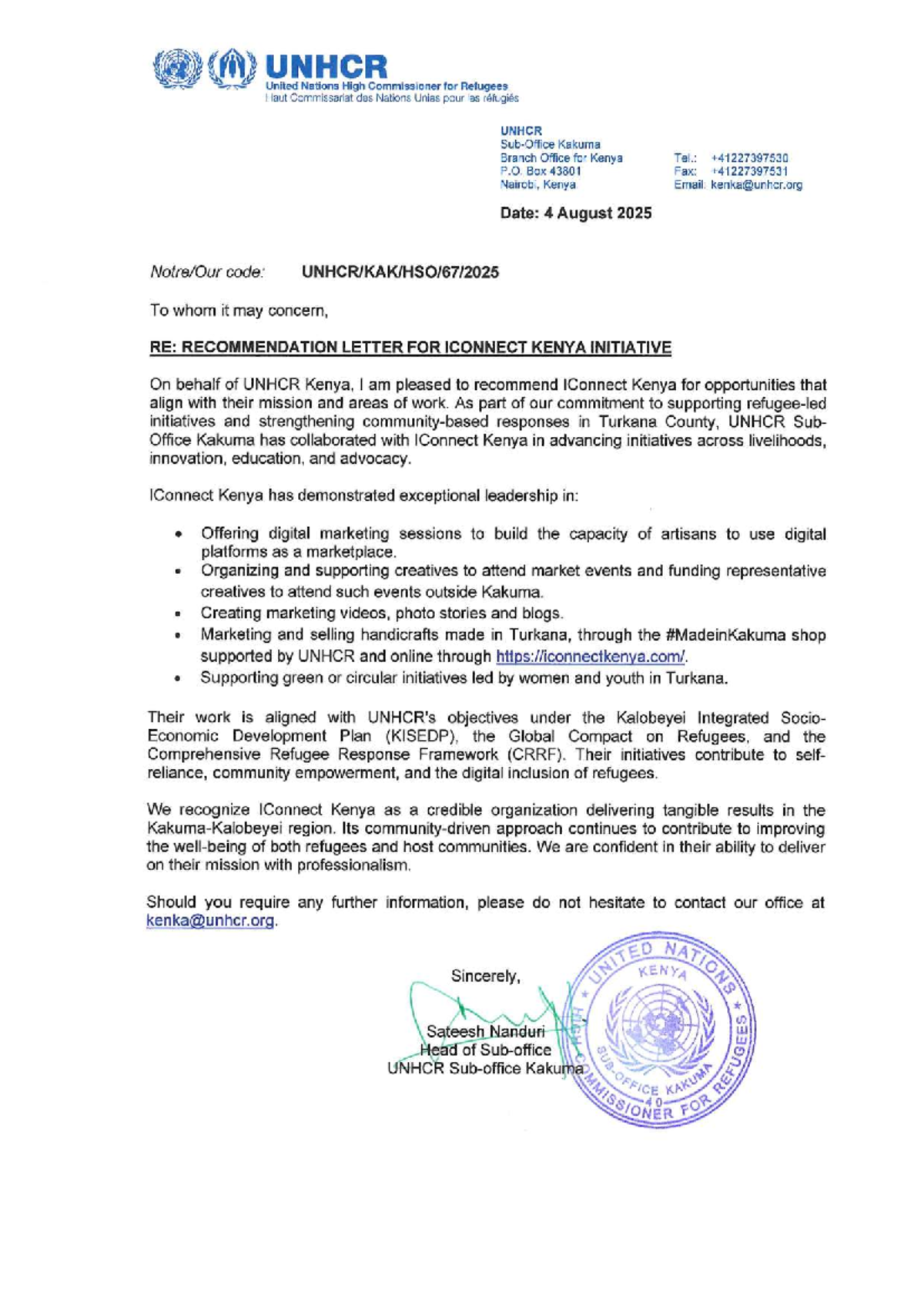 General Recommendation Letter for IConnect Kenya - UNHCR - Studocu