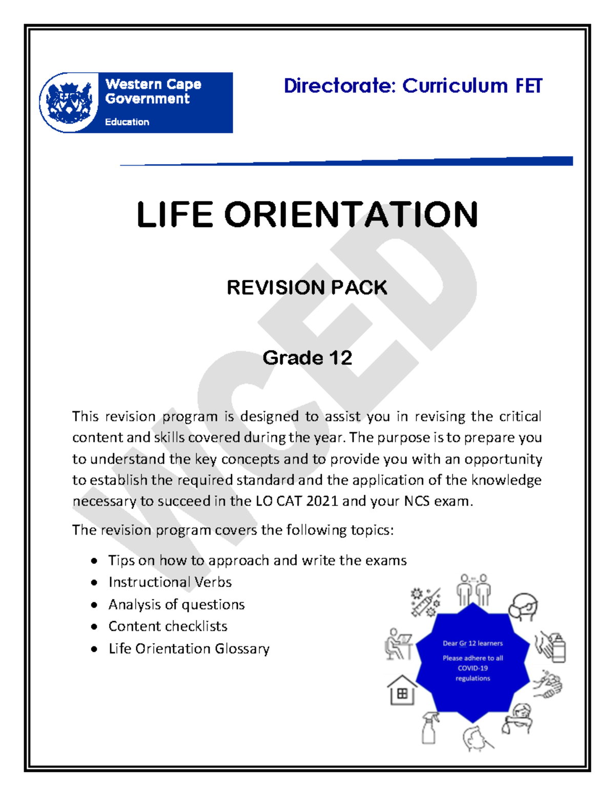 LO Gr 12 Life Orientation Revision Pack for CAT & NCS Exam 2021 - Studocu