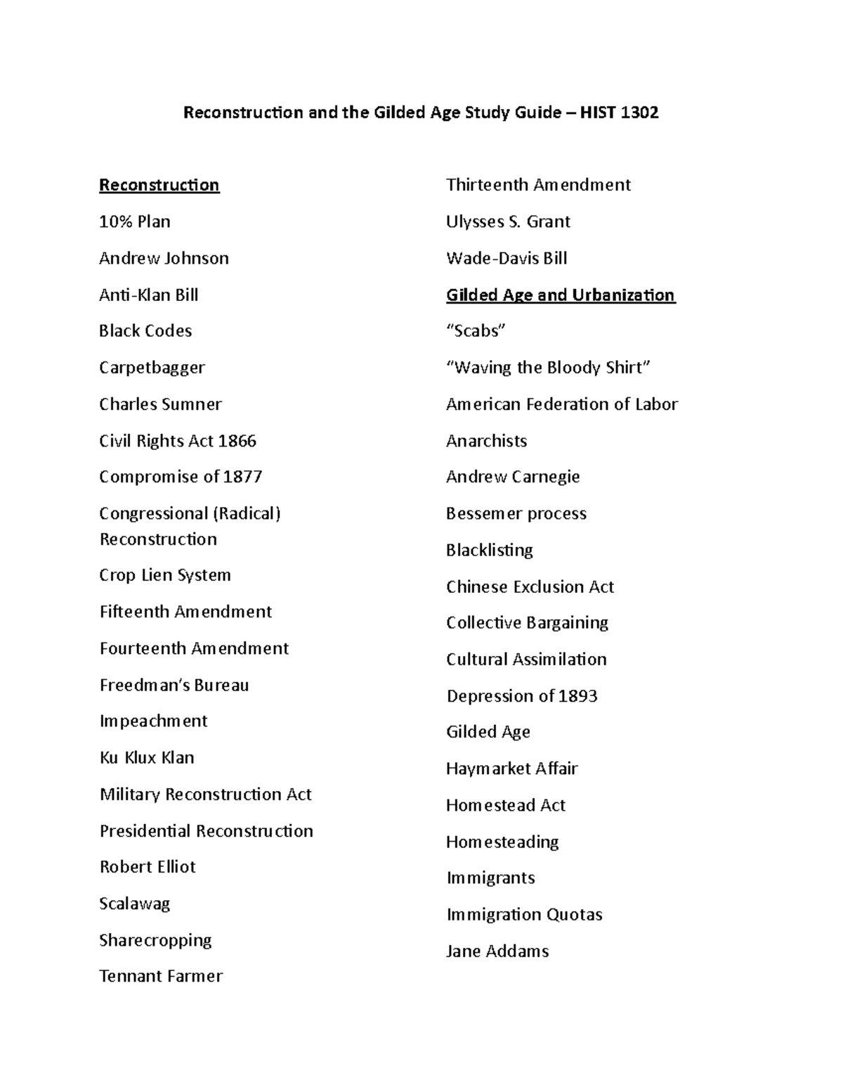 Reconstruction and the Gilded Age Study Guide 2023 - Grant Wade-Davis ...