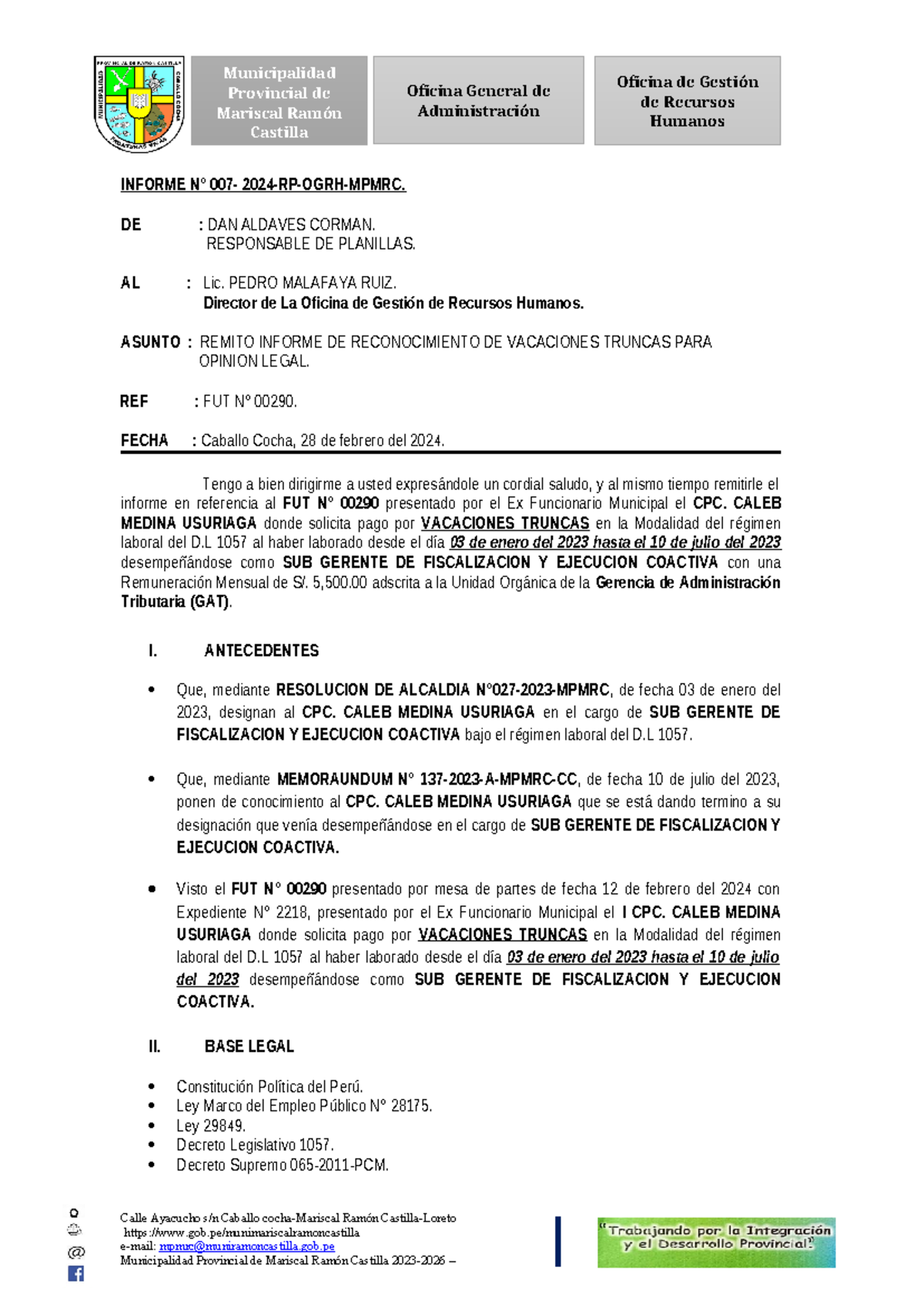 Informe N° 007-2024-RP-OGRH-MPMRC sobre Vacaciones Truncas de Caleb ...