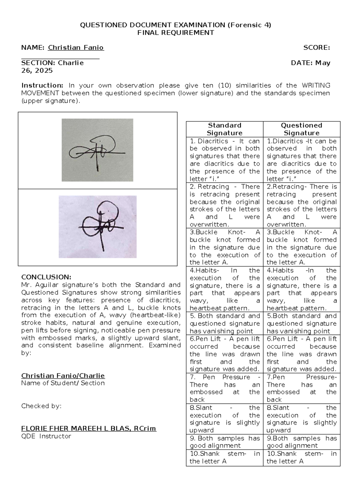 Forensic 4 QDE Final Requirement: Signature Similarities Analysis - Studocu