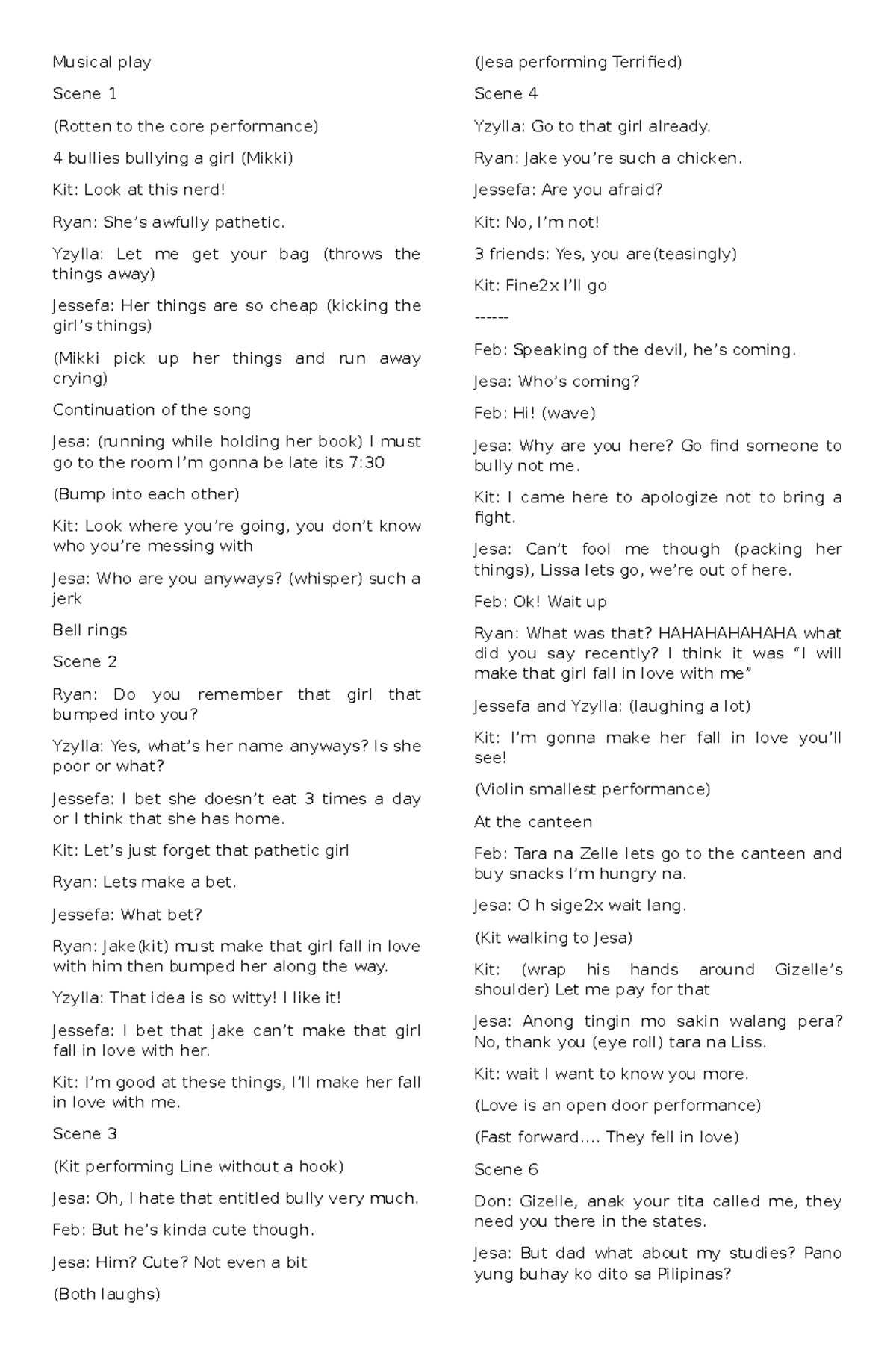 MAPEH Musical Play Script: The Journey of Love and Bullying - Studocu