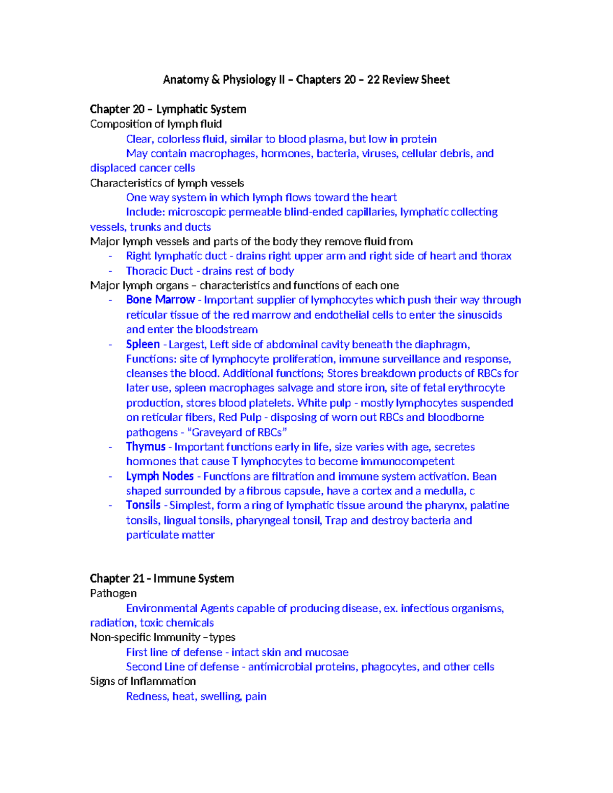 Anatomy & Physiology II Review Sheet: Chapters 20-22 Overview - Studocu