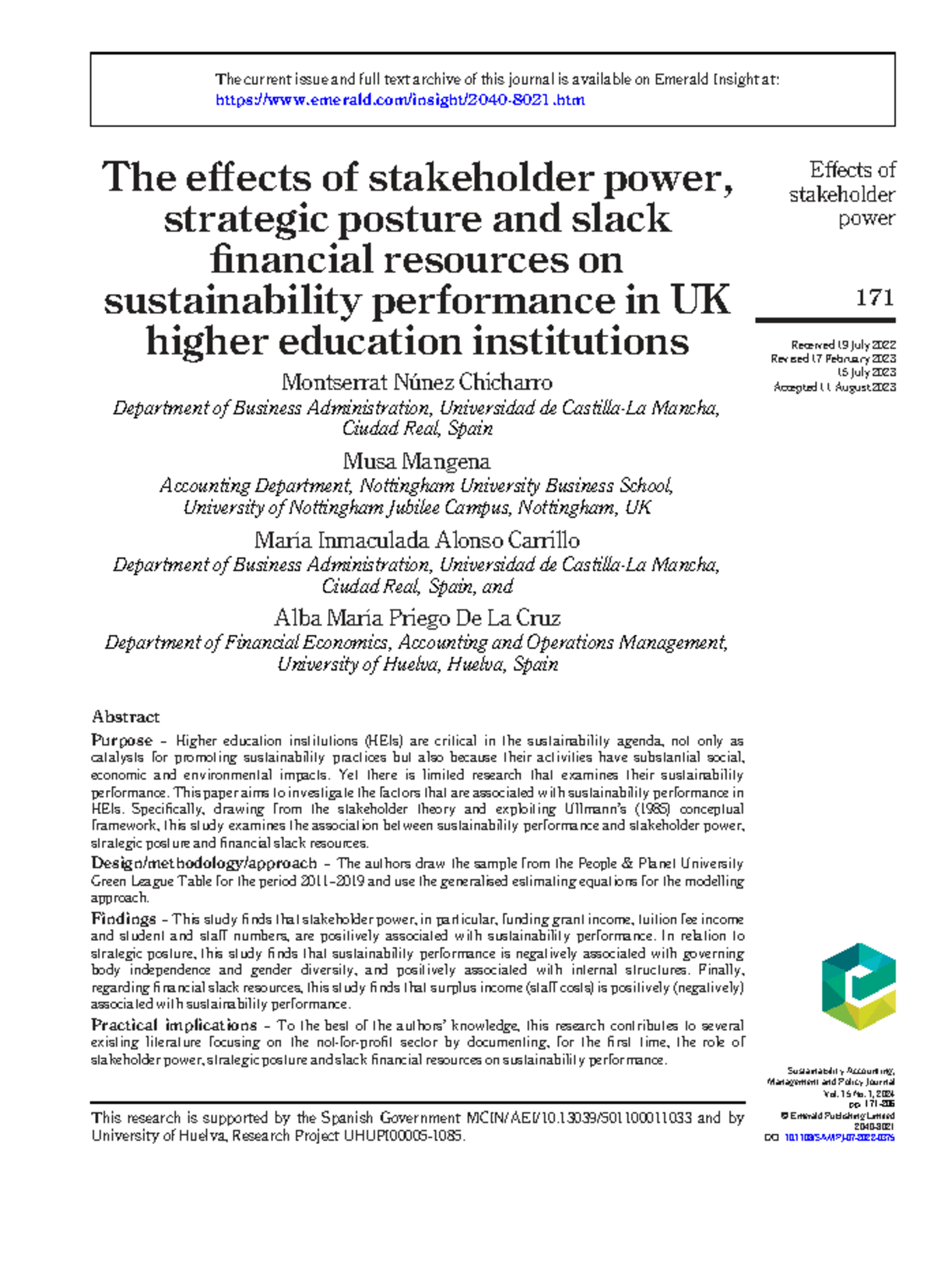 SAMPJ 15,1: Stakeholder Power and Sustainability Performance in UK HEIs ...