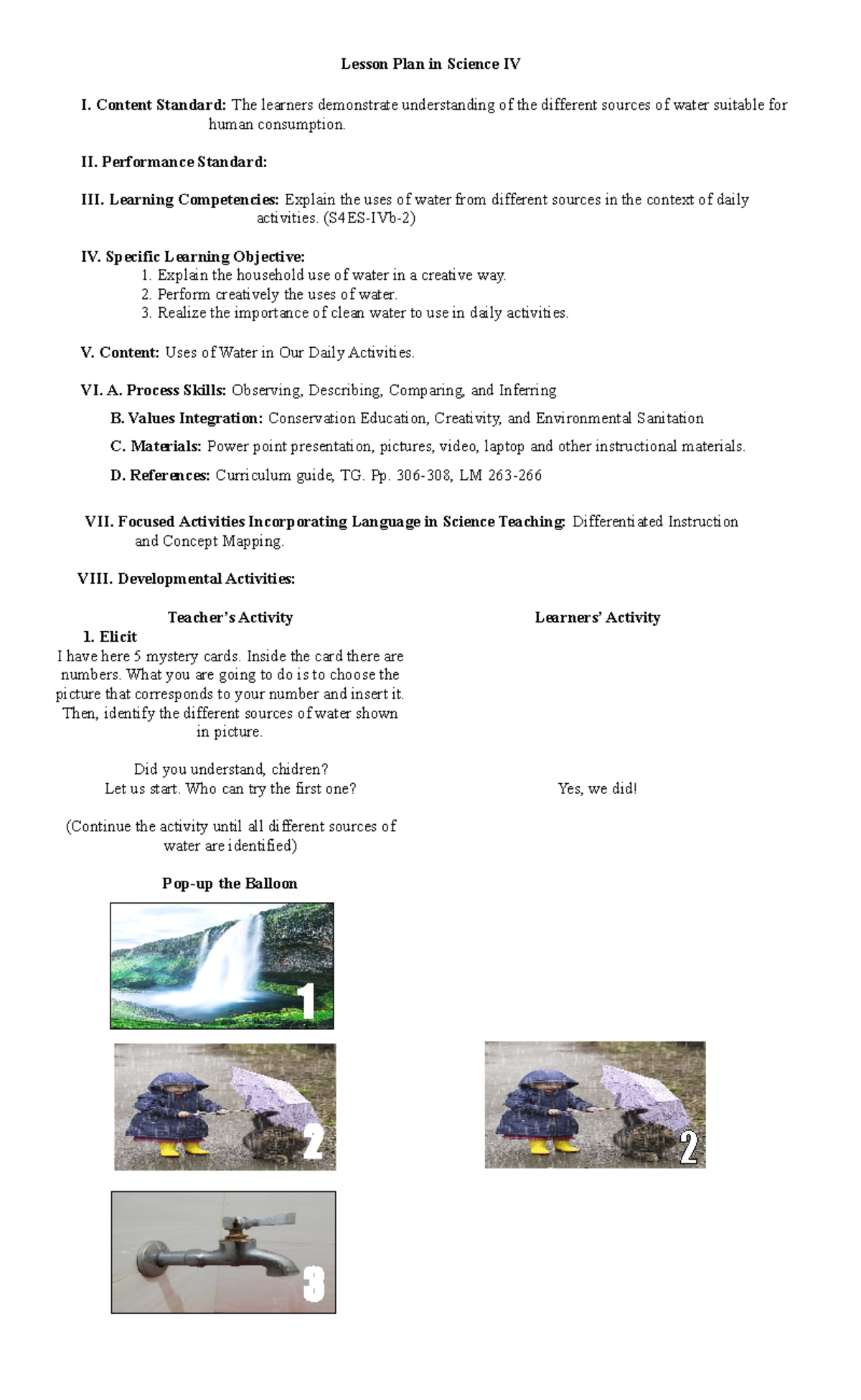 Uses of Water: A Science IV Lesson Plan on Daily Activities - Studocu