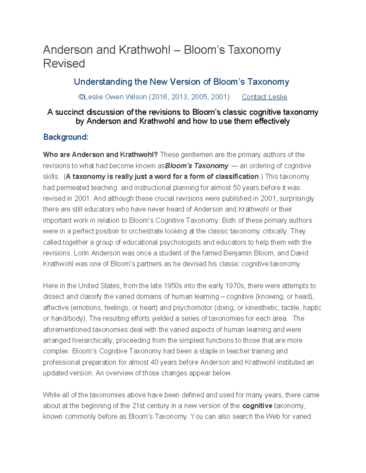 Anderson & Krathwohl's Revised Bloom's Taxonomy Overview - Studocu