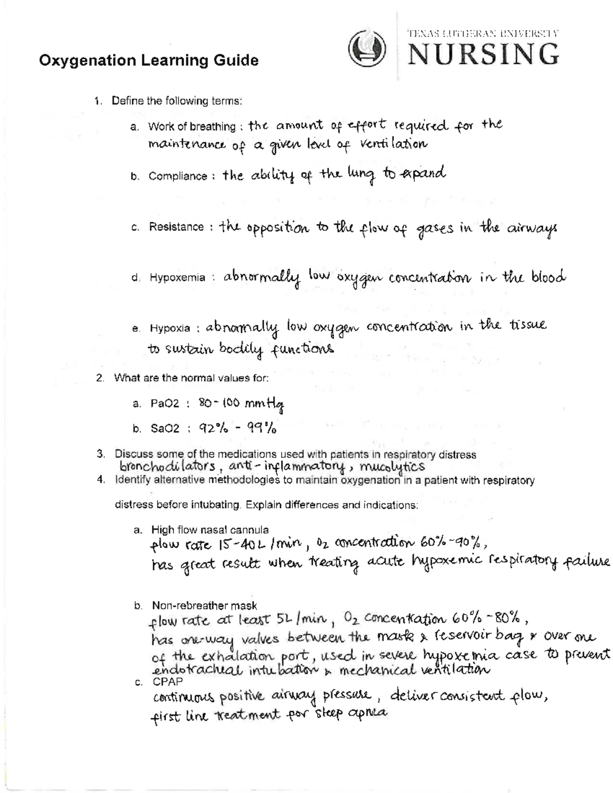 Oxygenation Learning Guide for Nursing 1: Key Concepts and ...