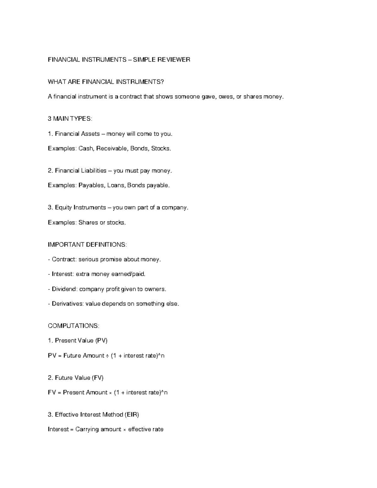 FIN 101: Financial Instruments Simple Reviewer Guide - Studocu