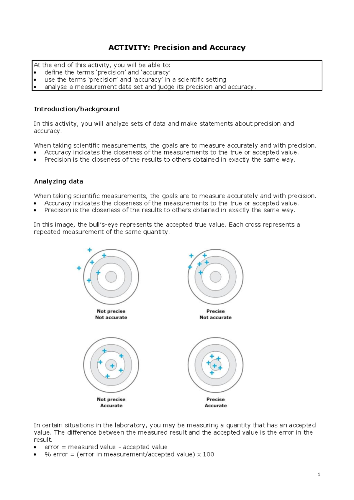ACTIVITY: Precision and Accuracy Analysis Worksheet - Studocu