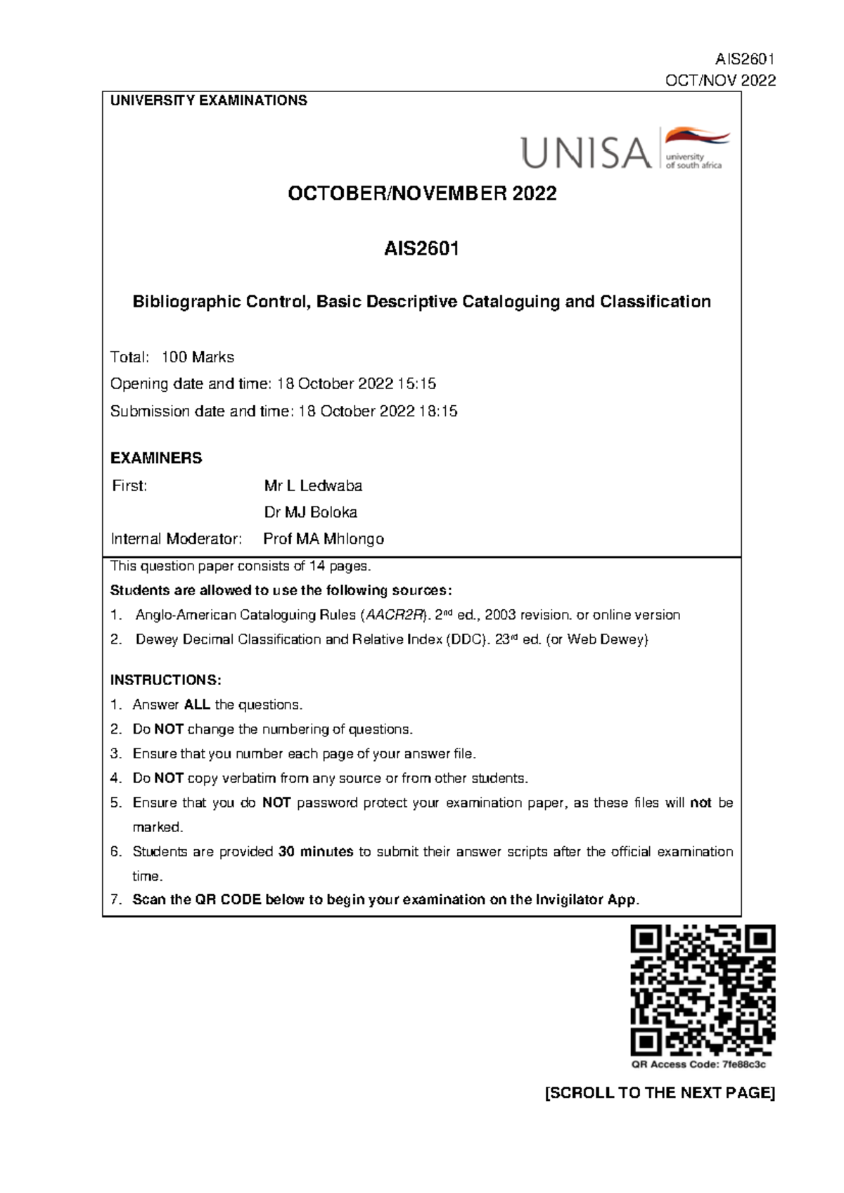 AIS2601 October/November 2022 Final Exam Question Paper - Studocu