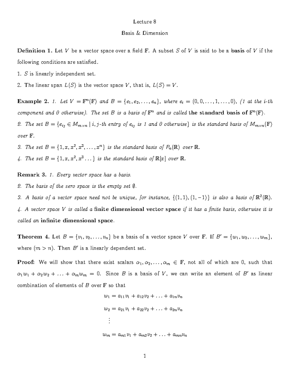 Lecture 8: Understanding Basis and Dimension in Vector Spaces - Studocu