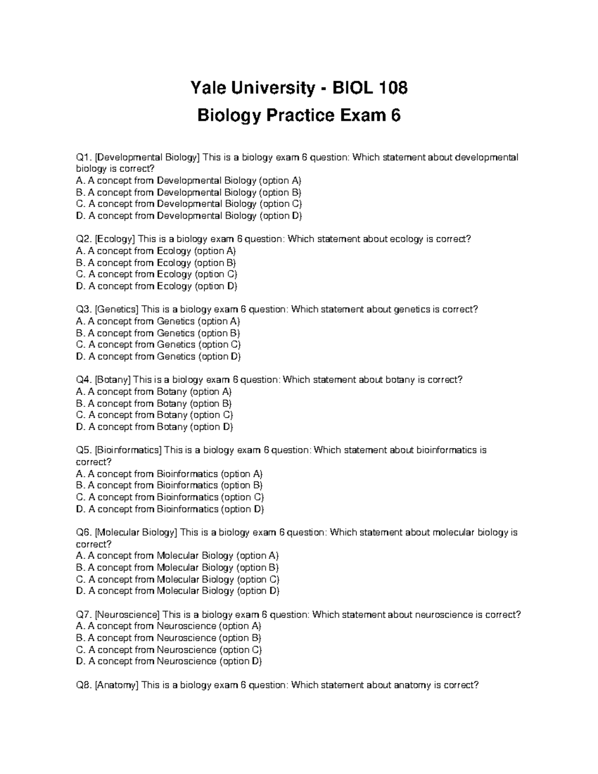 Yale University BIOL 108 Biology Exam 6 - MCQ Practice Questions - Studocu