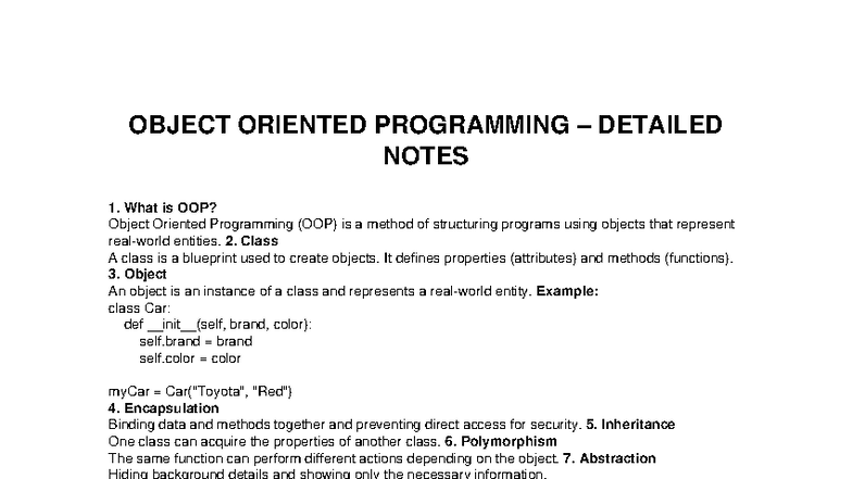 OOP 101: Detailed Notes on Object Oriented Programming Concepts - Studocu