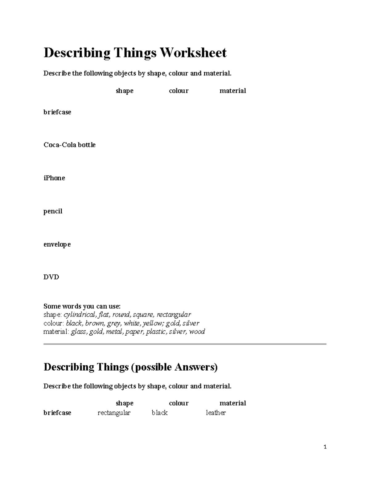 Describing Objects Worksheet for Visual Characteristics Analysis - Studocu