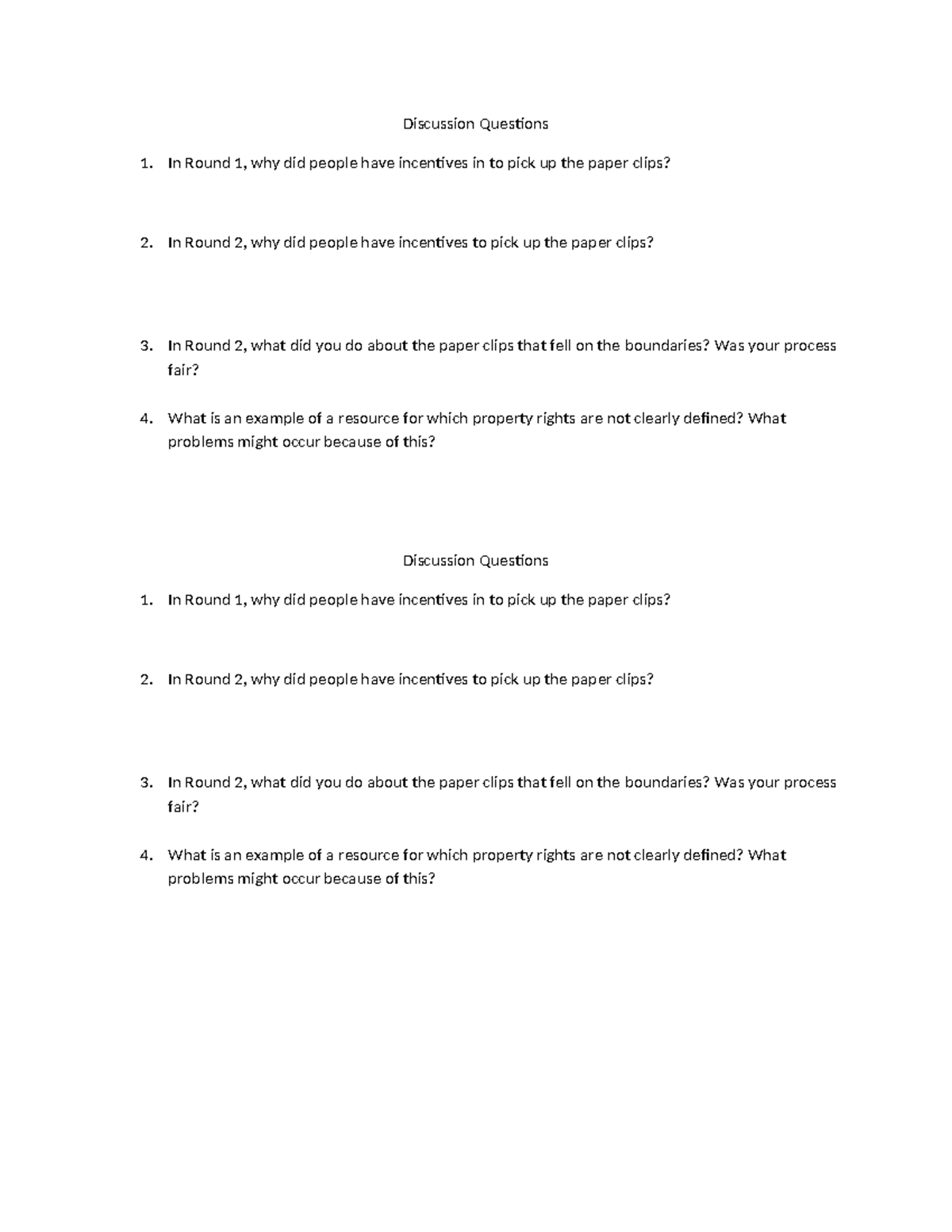 Discussion Questions for Economics 101: Incentives & Property Rights ...