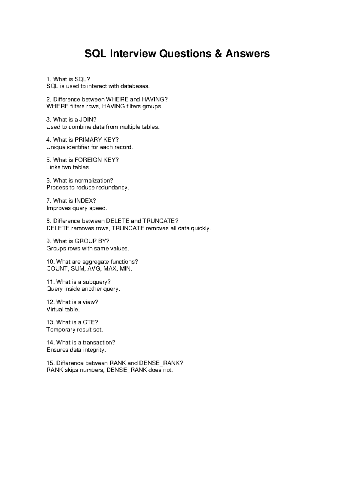 SQL Interview Questions & Answers: Key Concepts Explained - Studocu
