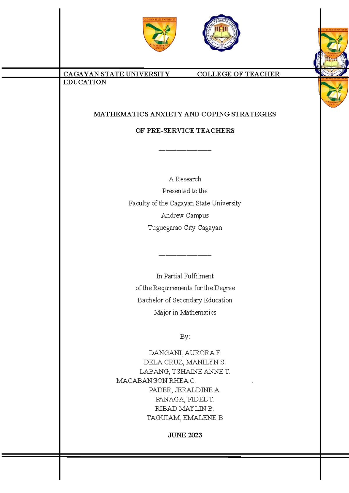 CAGAYAN STATE UNIVERSITY EDUCATION COLLEGE OF TEACHER MATHEMATICS ...