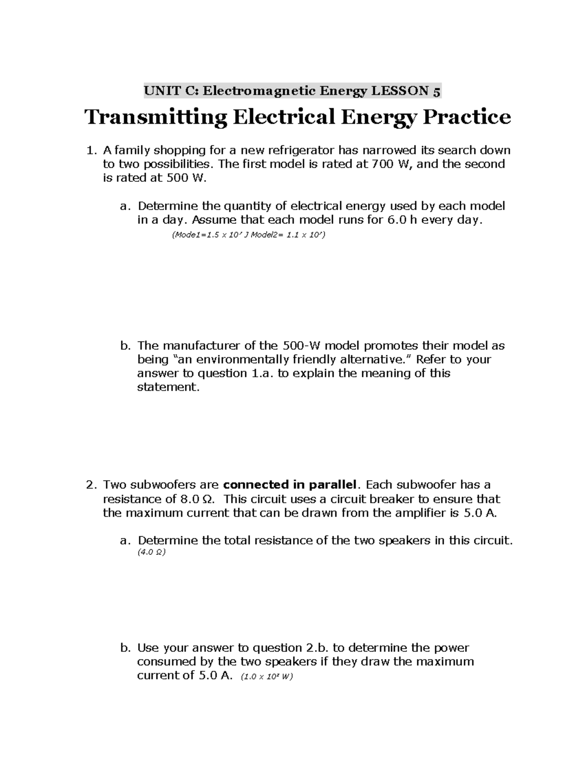 C1 L5: Transmitting Electrical Energy Practice Questions and Solutions ...