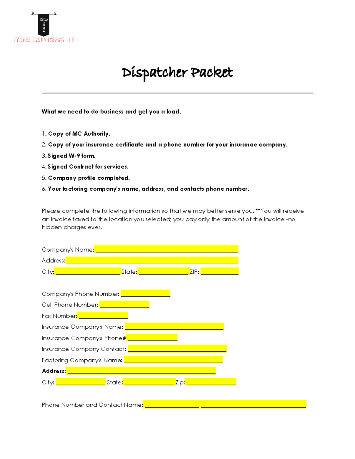 Dispatcher-Carrier Agreement - Dispatcher Packet What we need to do ...