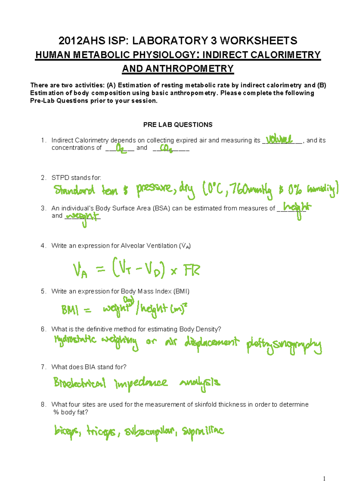 2012AHS ISP: Lab 3 Worksheets on Indirect Calorimetry & Anthropometry ...