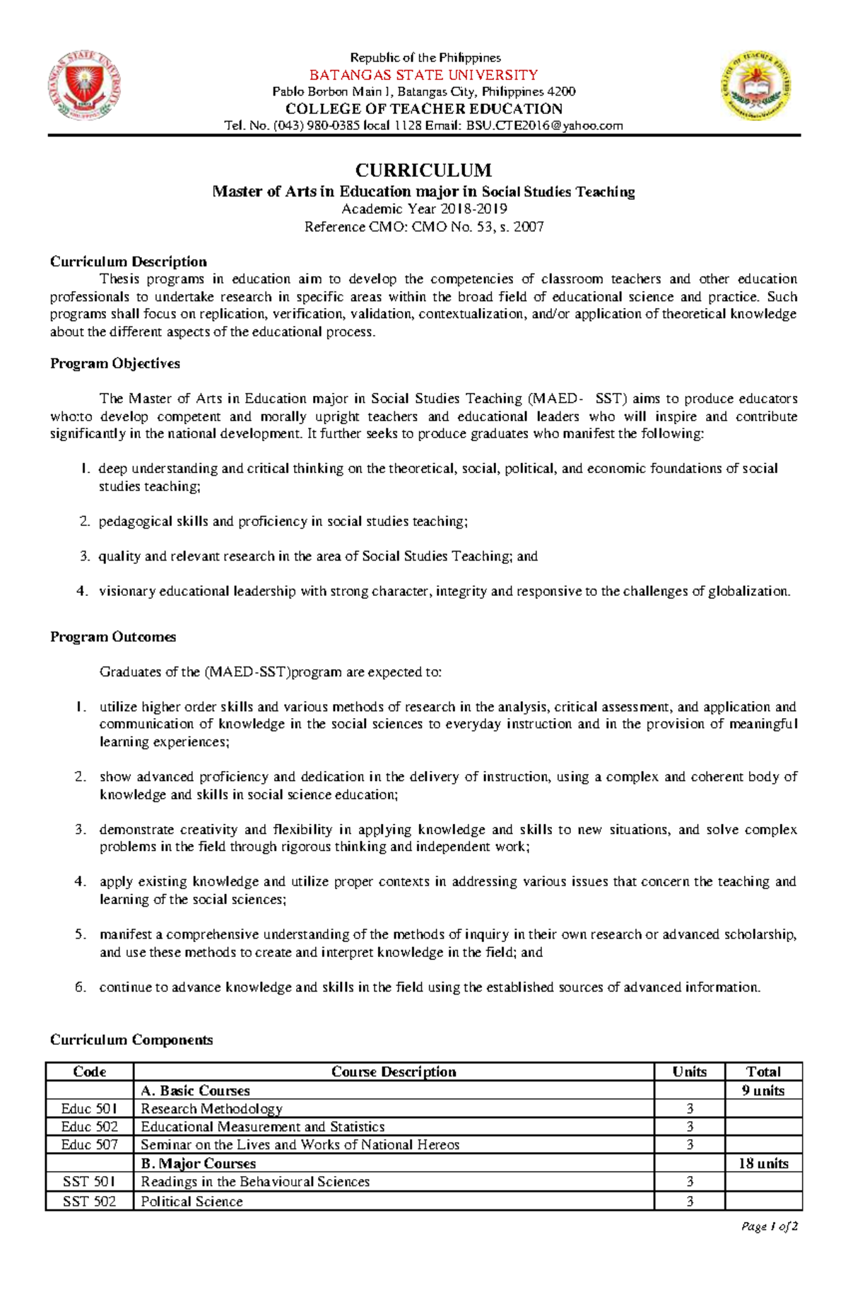 MAED-SST Curriculum Overview for Social Studies Teaching Program - Studocu