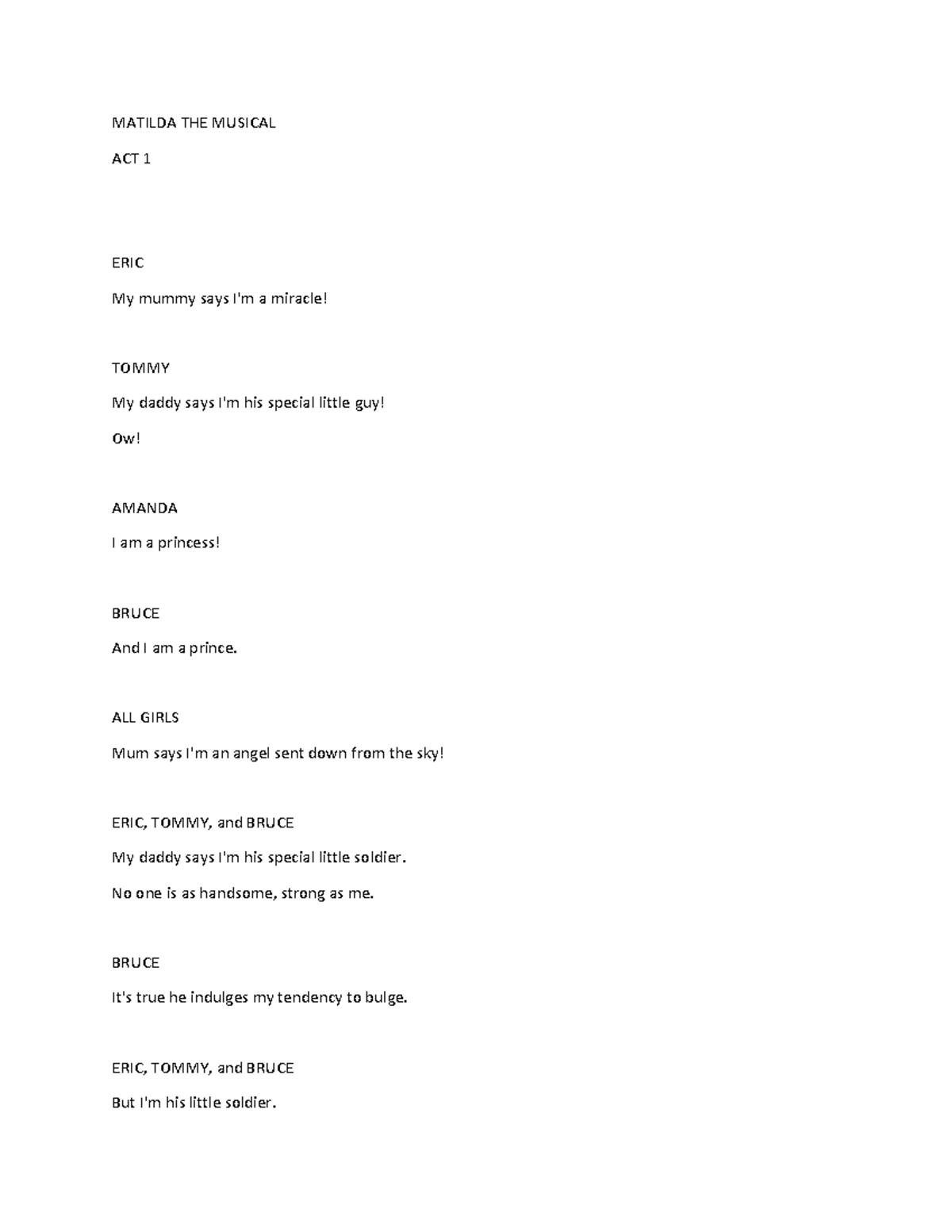 MATILDA THE MUSICAL ACT 1 SCRIPT - DIALOGUE AND LYRICS - Studocu