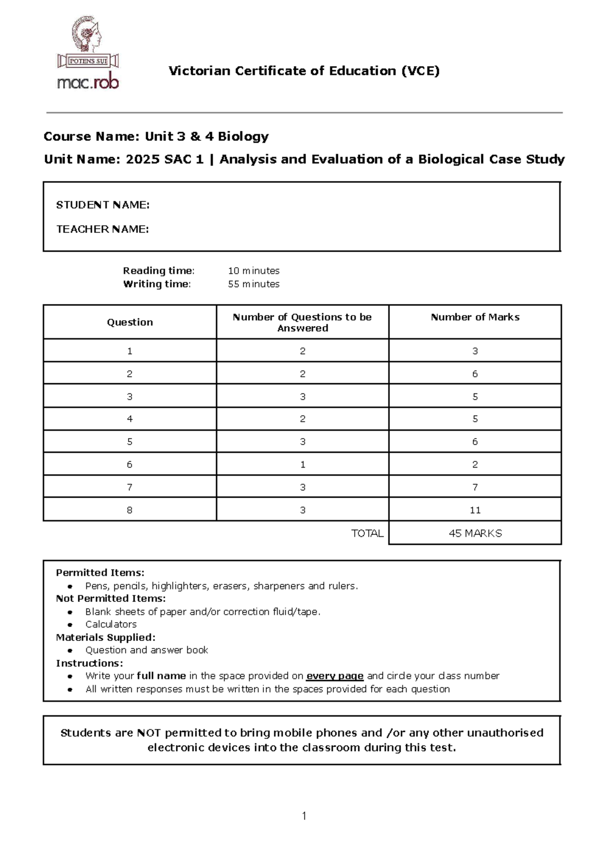 2025 VCE Biology Unit 3 SAC 1: Case Study Analysis Questions - Studocu