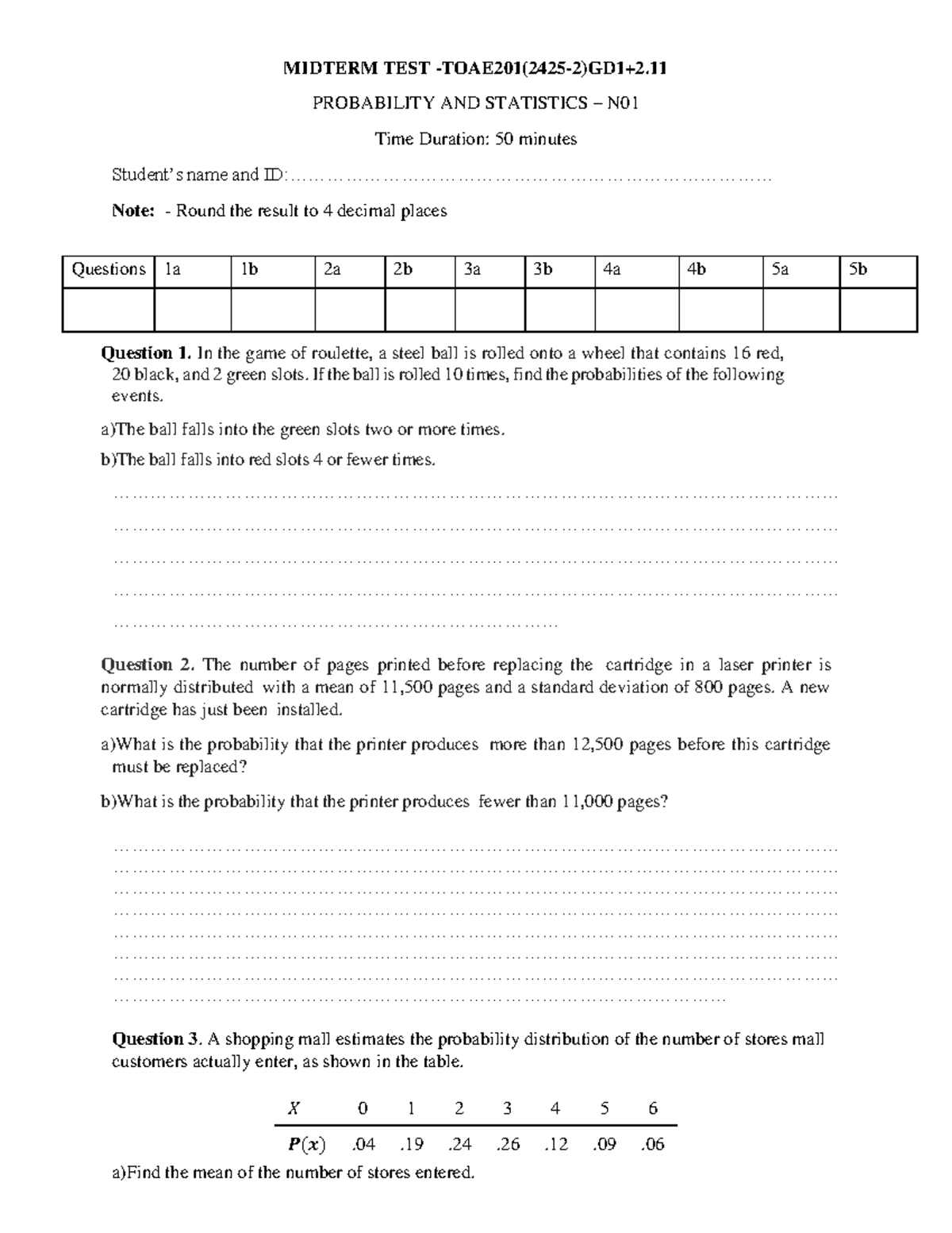 MIDTERM TEST: PROBABILITY & STATISTICS N01 (TOAE201) - Studocu