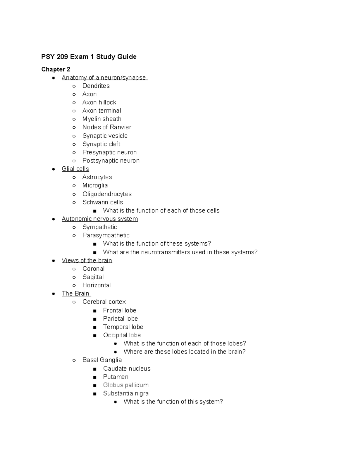 PSY 209 Exam 1 Study Guide: Neurons, Brain Anatomy & Functions - Studocu