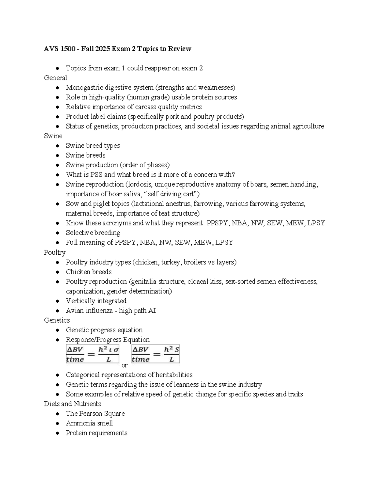 AVS 1500 - Fall 2025 Exam 2 Review: Animal Science Topics - Studocu