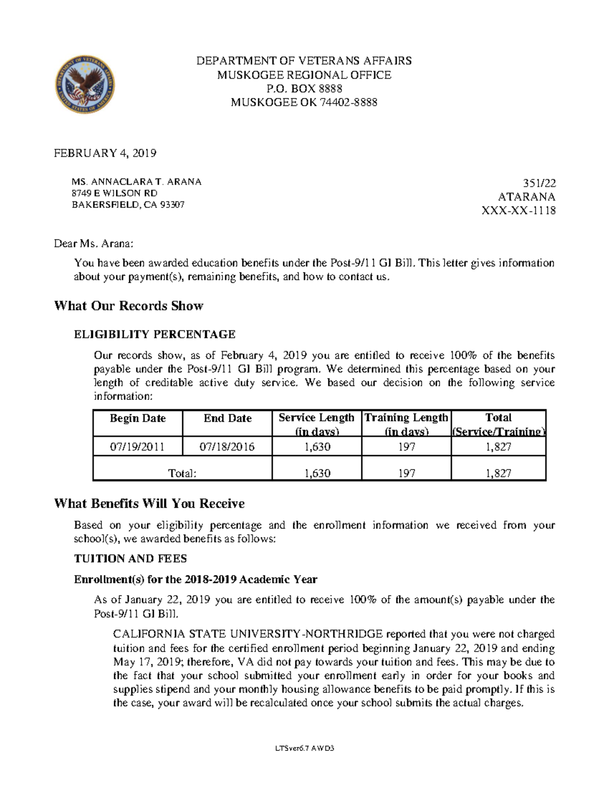 AWD3 VA Education Benefits Award Letter for Ms. Atarana - Studocu
