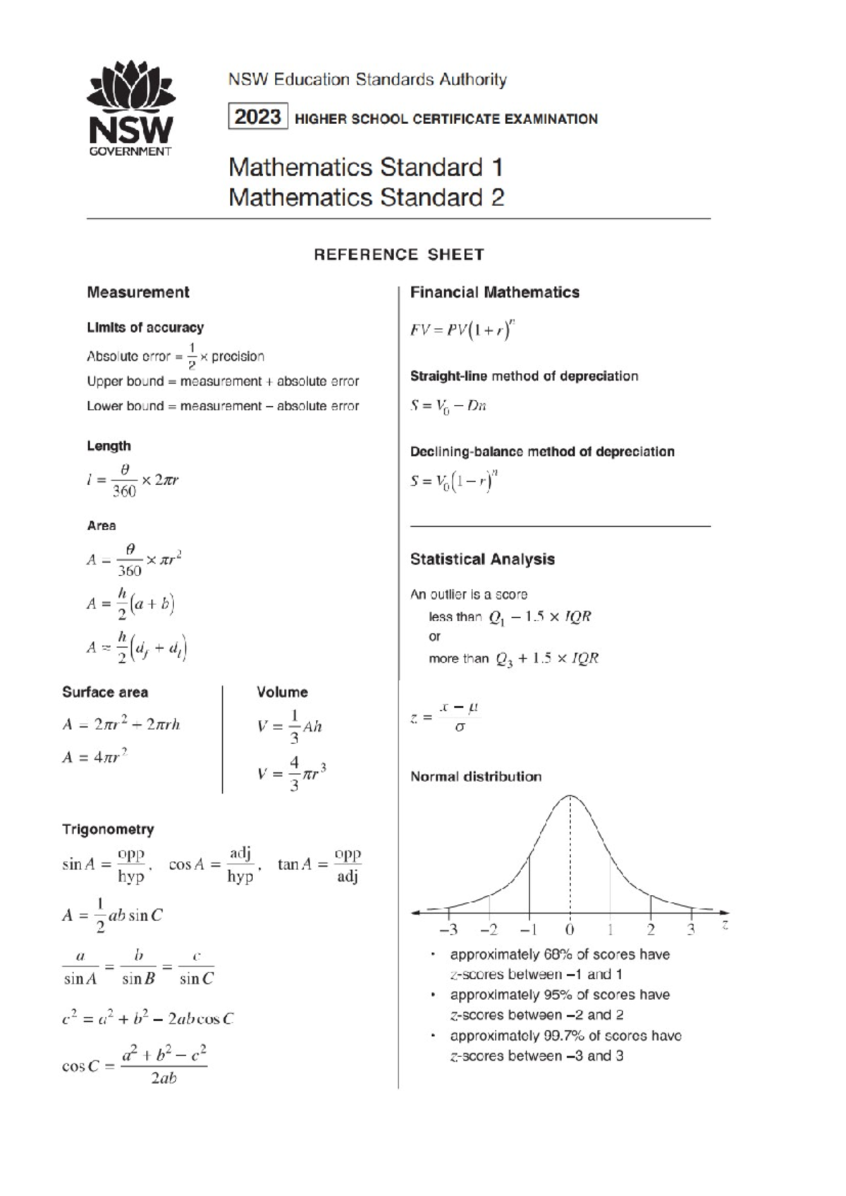 2023 Mathematics Standard Reference Sheet - NSW Education Standards ...