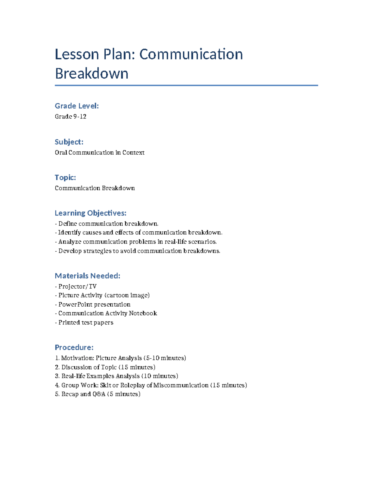 Lesson Plan Communication Breakdown - Lesson Plan: Communication ...