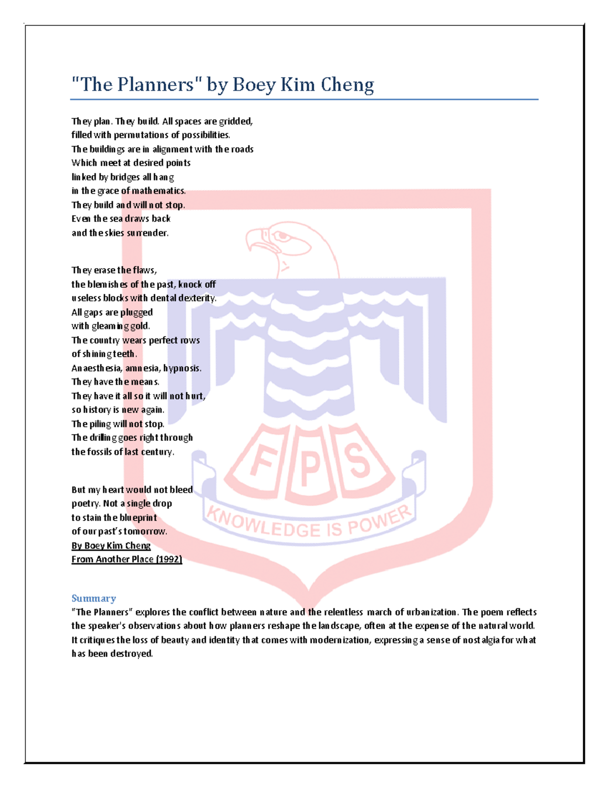 Poem: City Planners - "The Planners" by Boey Kim Cheng They plan. They ...