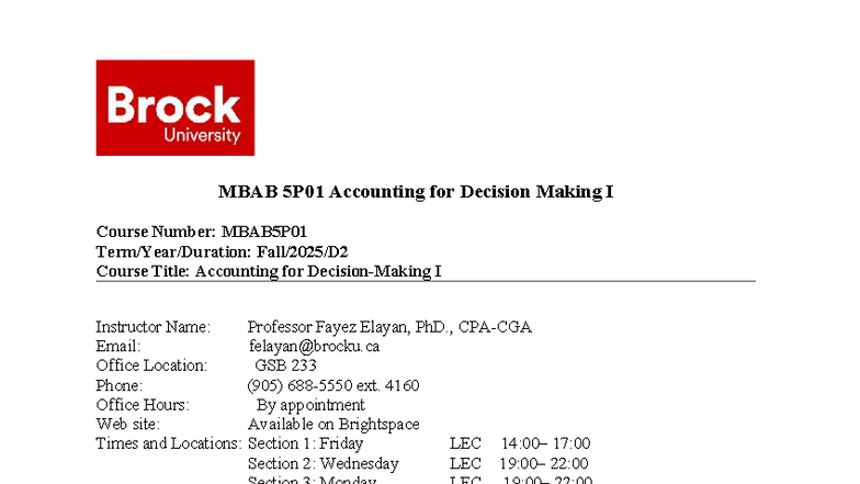 MBAB 5P01 Syllabus: Accounting for Decision Making I Overview - Studocu