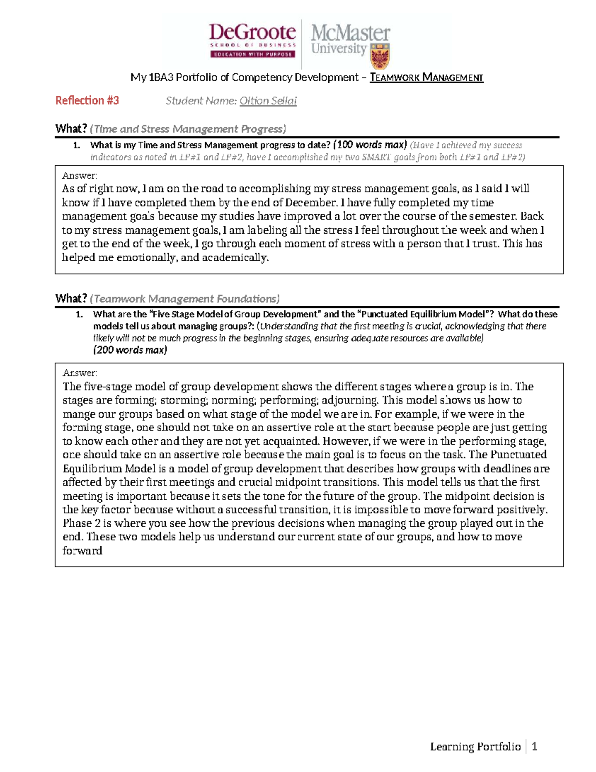 1BA3 Teamwork Management Reflection: Competency Development Portfolio ...