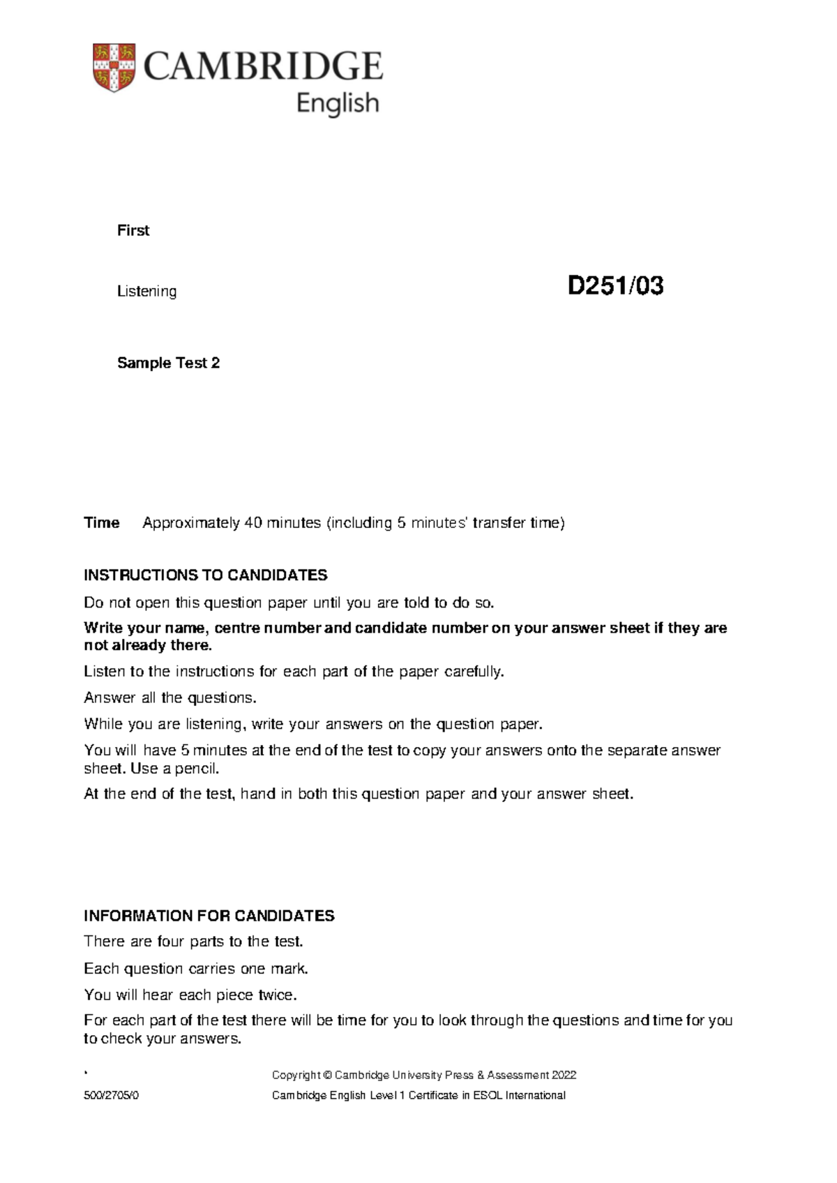 B2 Listening Sample Test 2: Instructions & Questions Guide - Studocu