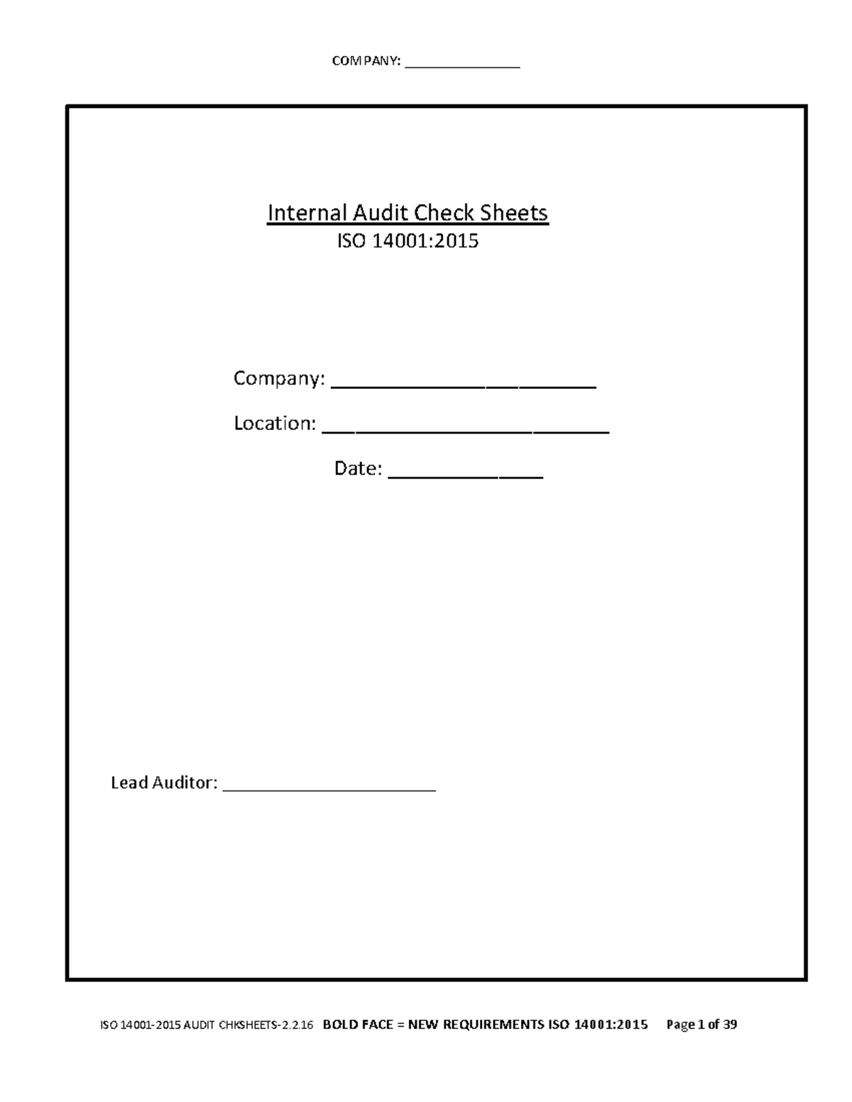 ISO 14001:2015 Internal Audit Check Sheets - H1507 - Studocu