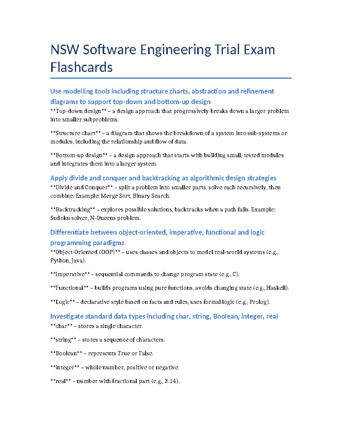 NSW Software Engineering Trial Exam Flashcards: Design & Algorithms - Studocu