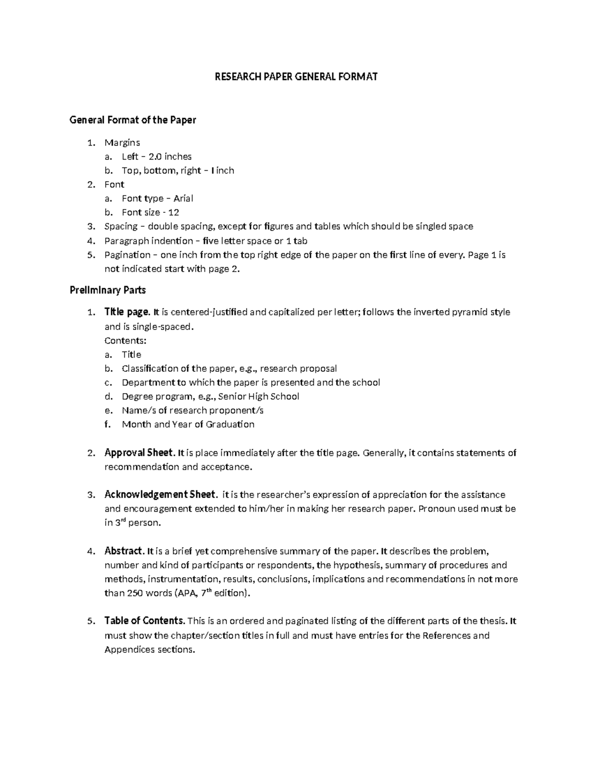 RESEARCH PAPER GENERAL FORMAT: Guidelines for Structuring Your Work ...