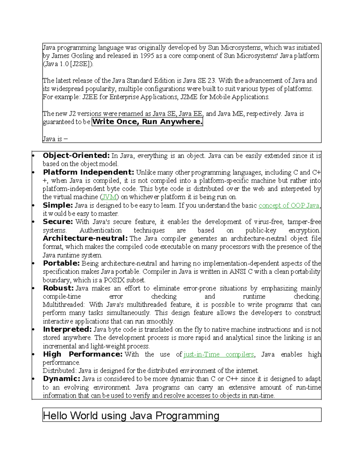 Java Programming Language Overview: Key Features & History - Studocu