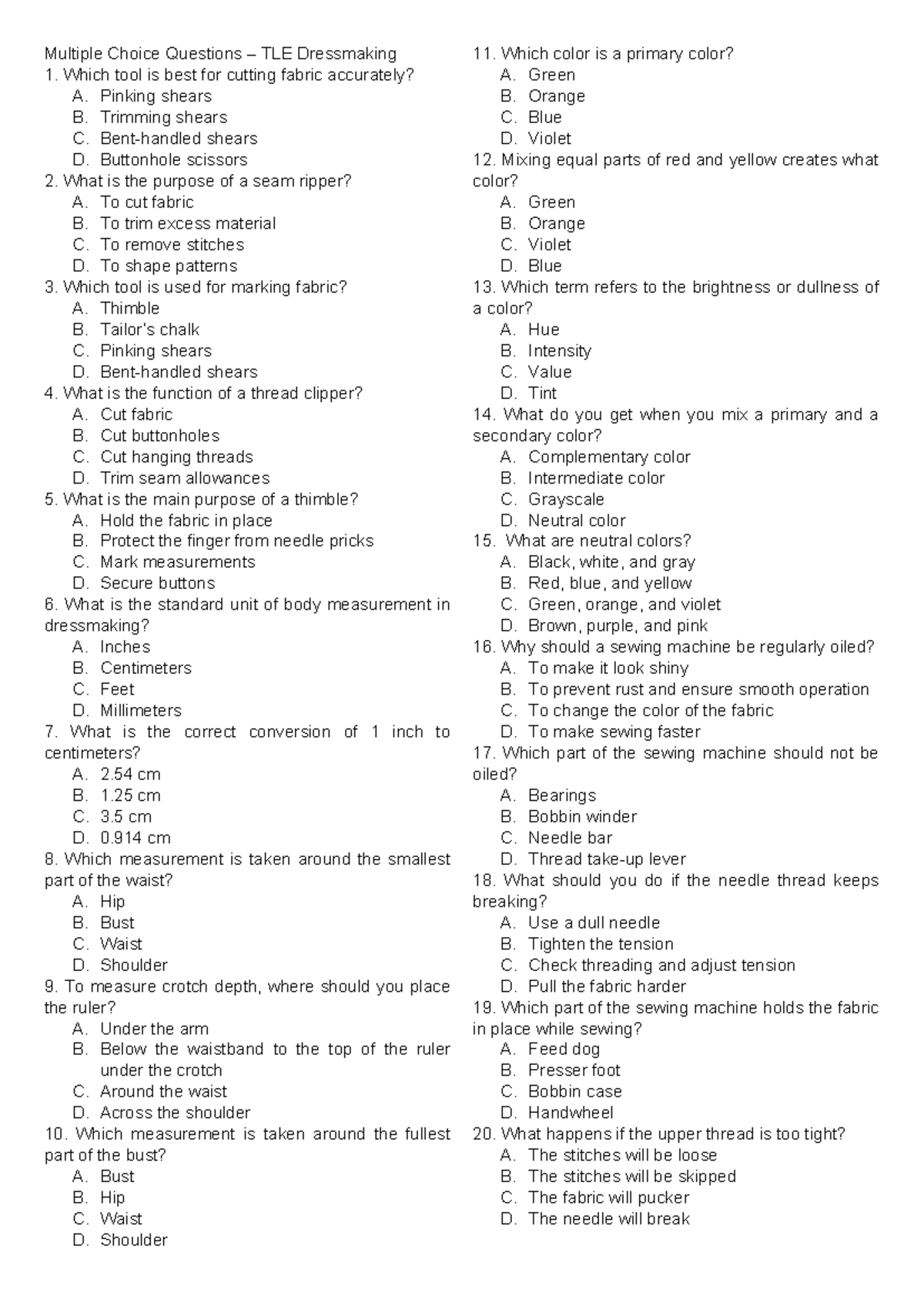 Multiple Choice Questions for TLE Dressmaking (BOW) - Studocu